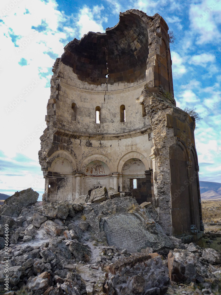 round dome church ruin building in the abandoned Armenian capital of ...