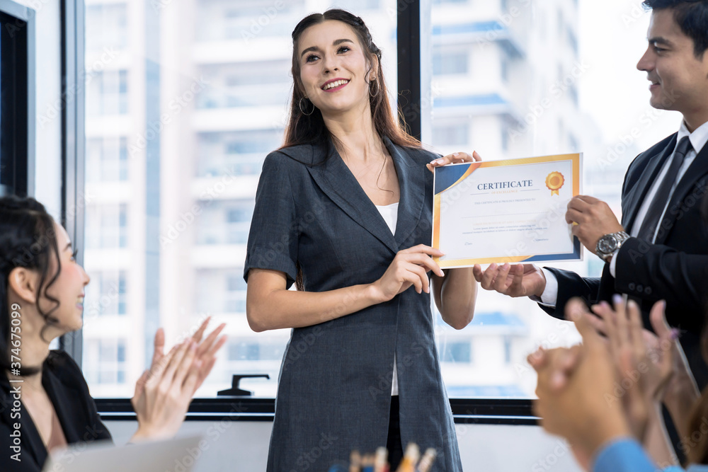 Business executives congratulate employees on their excellent work ...