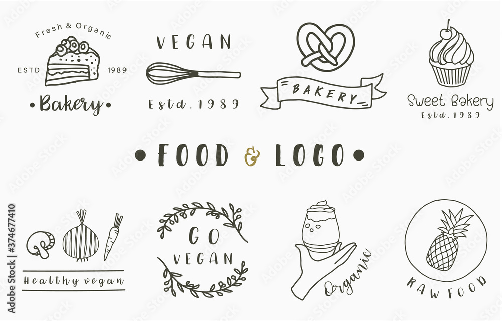 food logo collection with cake,drink,noodle,pineapple.Vector ...