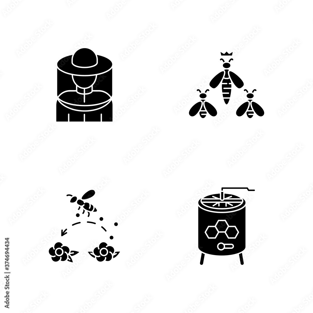 Beekeeping business black glyph icons set on white space. Beekeeper ...