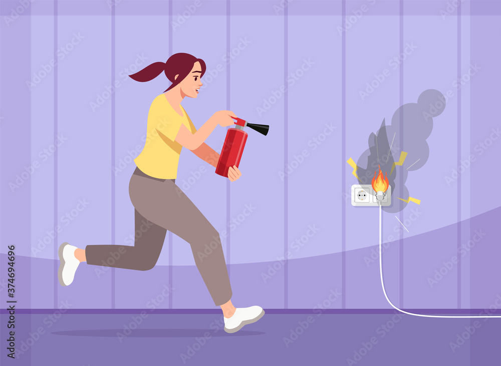 Girl puts out fire semi flat vector illustration. Scared young woman ...