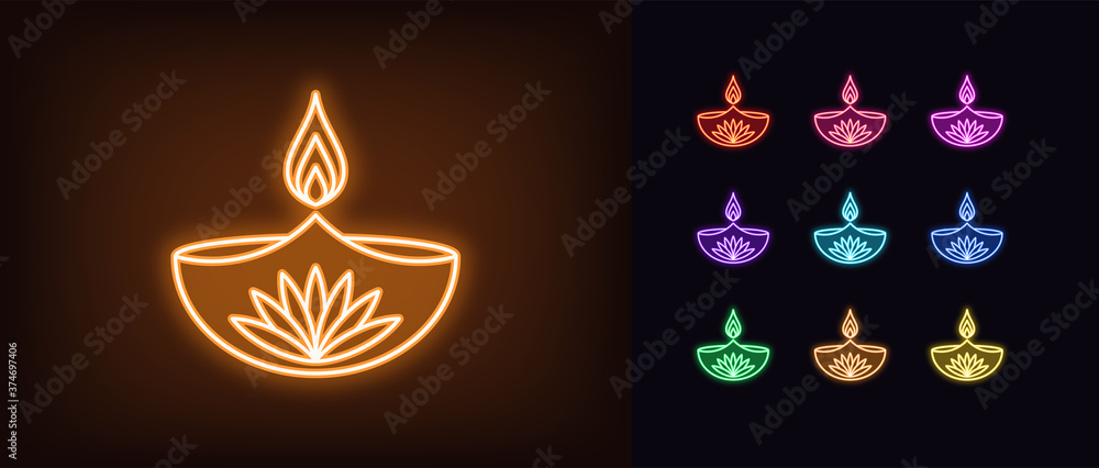 Neon diya icon. Glowing neon Diya lamp with fire and lotus flower ...