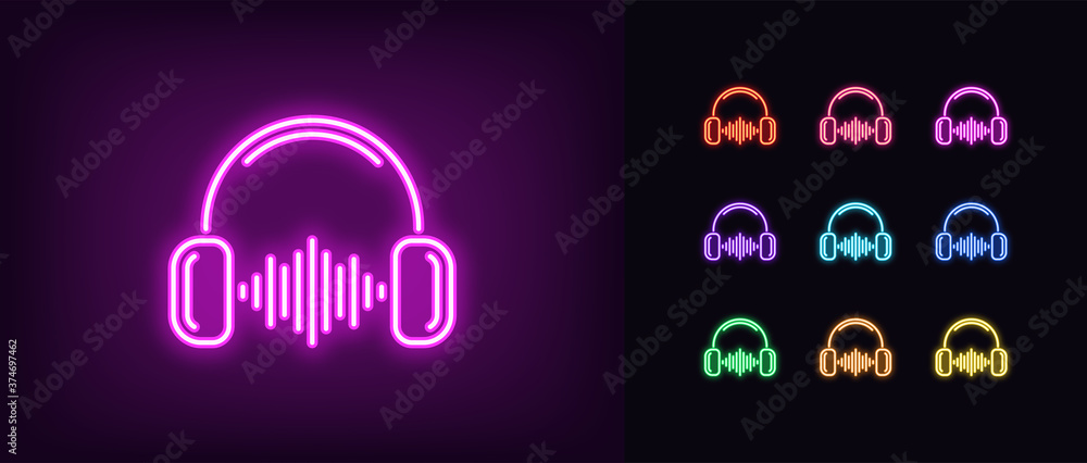 Neon music wave icon. Glowing neon headphones with sound wave ...