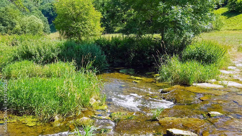Fluß Aue Tauber Furt Bach Natur üppig sattes grün im Sonnenschein ...
