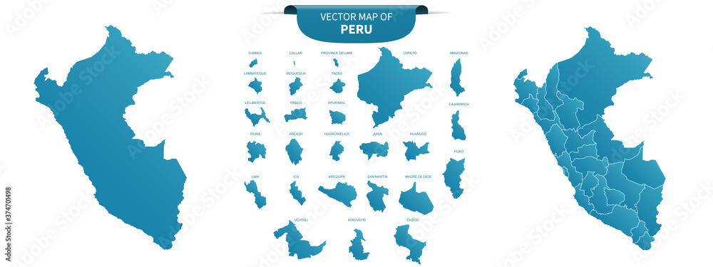 blue colored political maps of Peru isolated on white background Stock ...