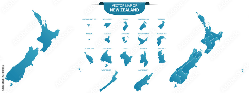 blue colored political maps of New Zealand isolated on white background ...
