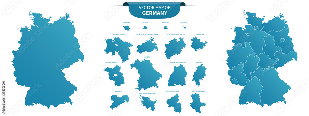 blue colored political maps of Germany isolated on white background ...