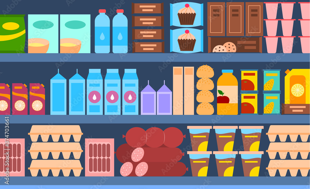 Cartoon Color Supermarket Shelves Interior Inside Concept. Vector Stock ...