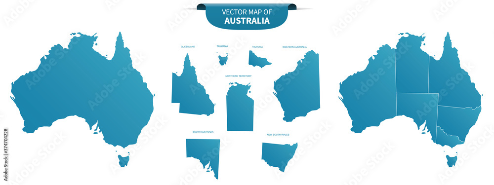 blue colored political maps of Australia isolated on white background ...