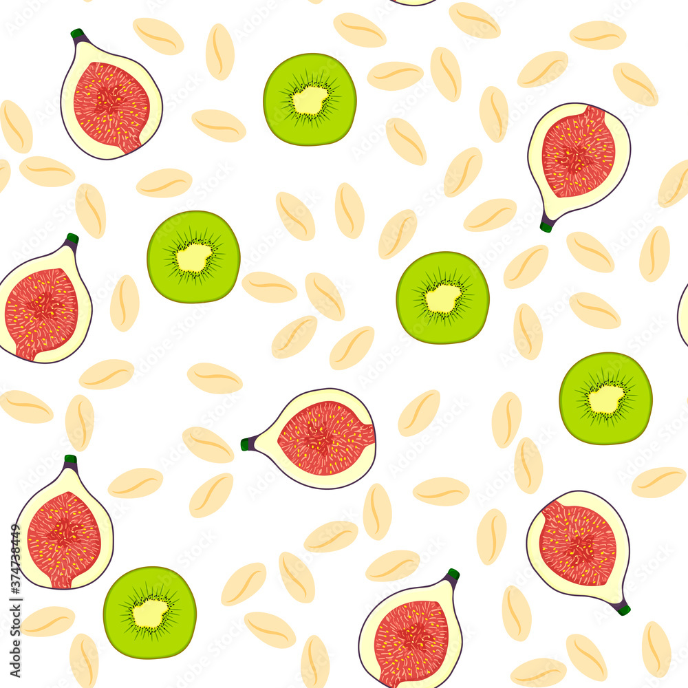 Seamless pattern with granola, muesli, fig, kiwi on white background ...