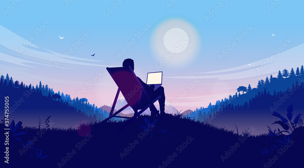 Remote work freedom - Male person using laptop computer outside in ...