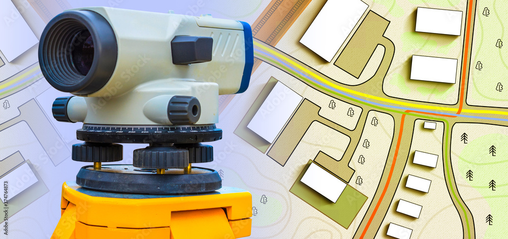 Surveyor. Theodolite on the map background. Geodetic works. Cartography ...