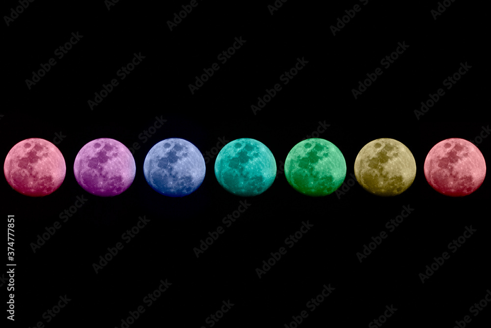 colorful moons in the dark sky, many moons in the sky, many colored ...