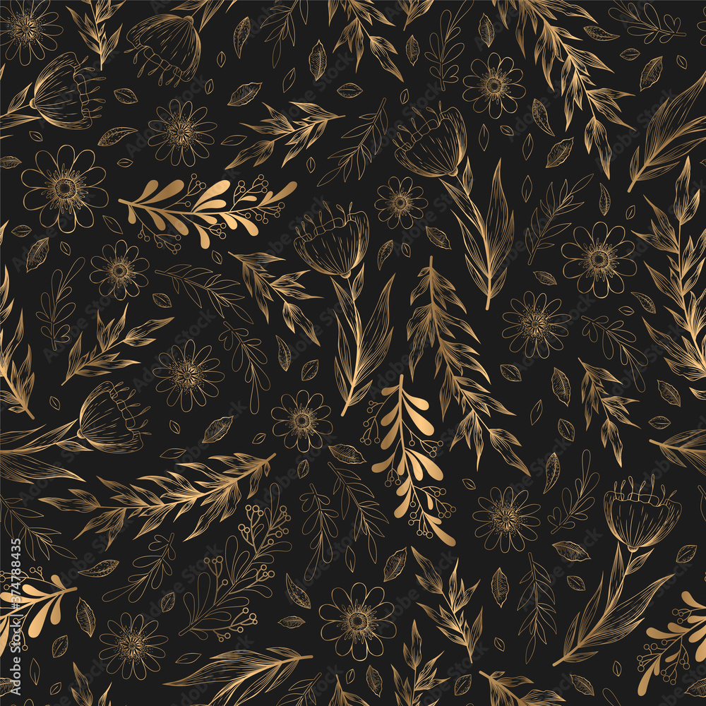 Seamless vector pattern with hand drawn gold flowers, leaves and ...