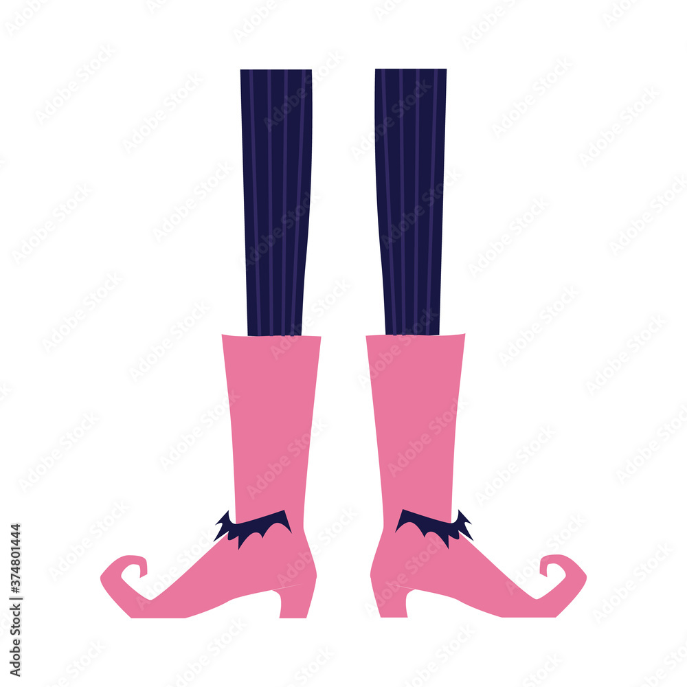 Cartoon witch legs wearing pink boots with high heel and curled toes ...