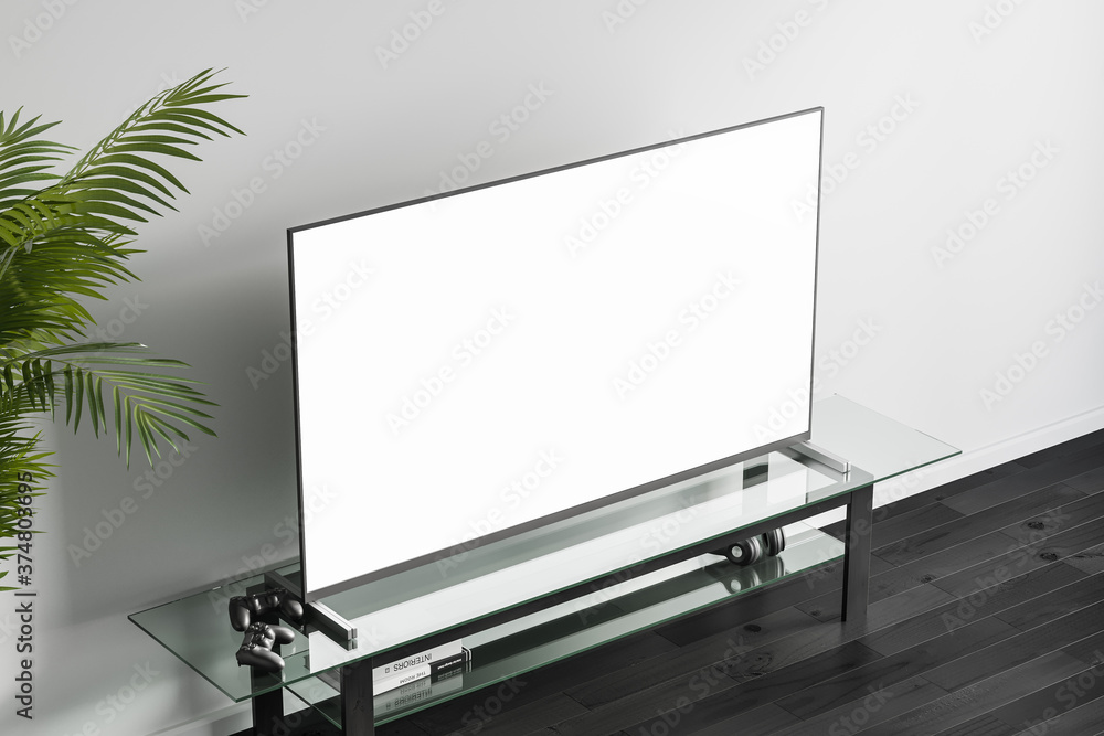 Side view of a blank TV screen on a glass stand against a white wall ...