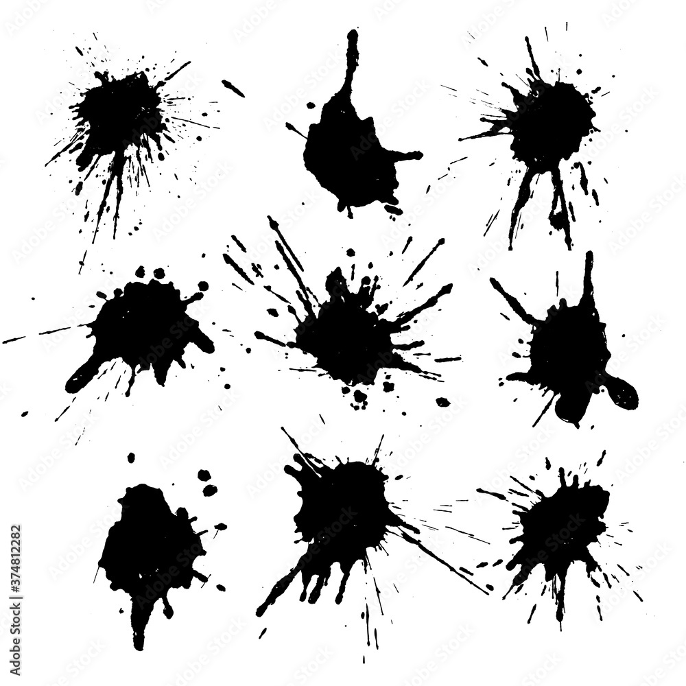 Vector black and white ink splash, blot and brush stroke, spot, spray ...