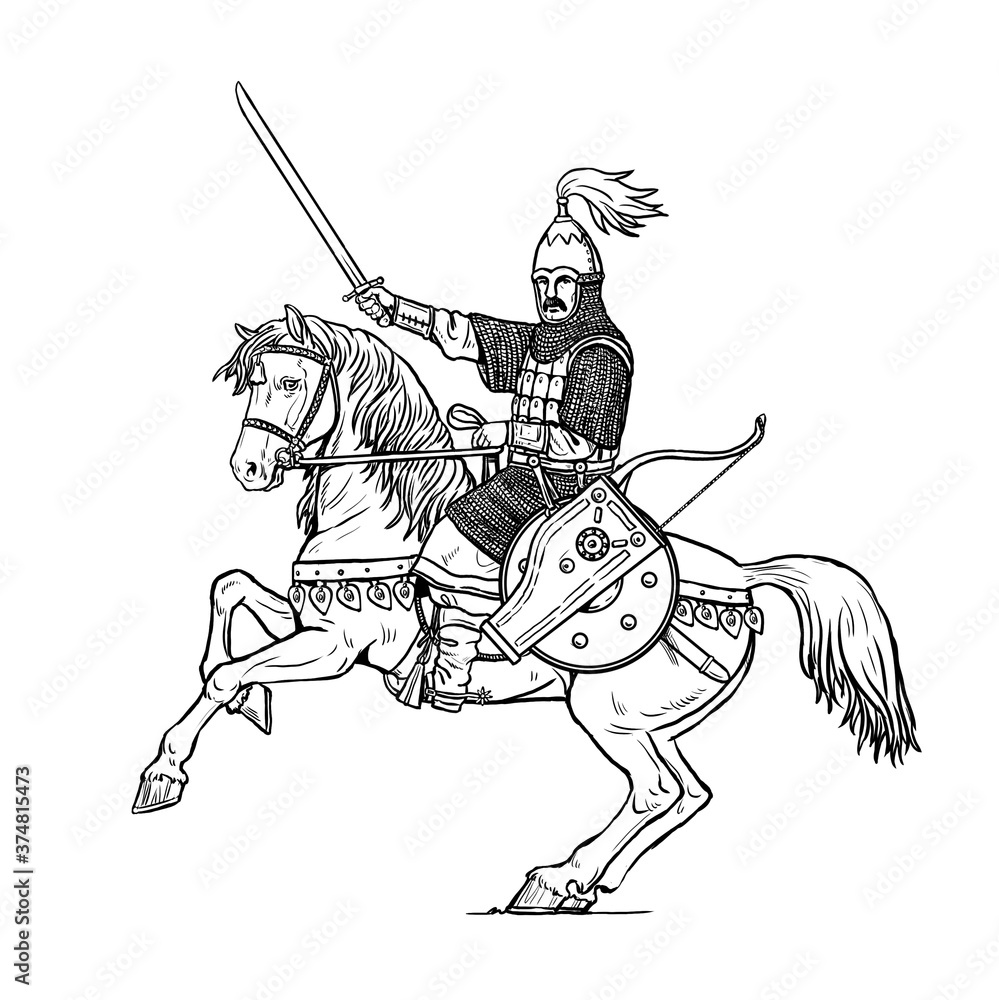 Medieval mounted knight. Heavy armored rider. Knight with sword drawing ...