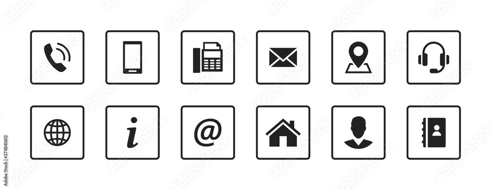Set contact icons in a square. Black vector symbol elements. Stock ...