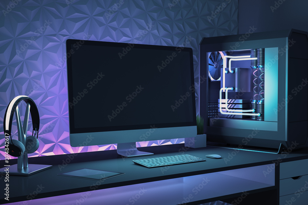 Black blank screen of computer monitor on table in home office. Stock ...