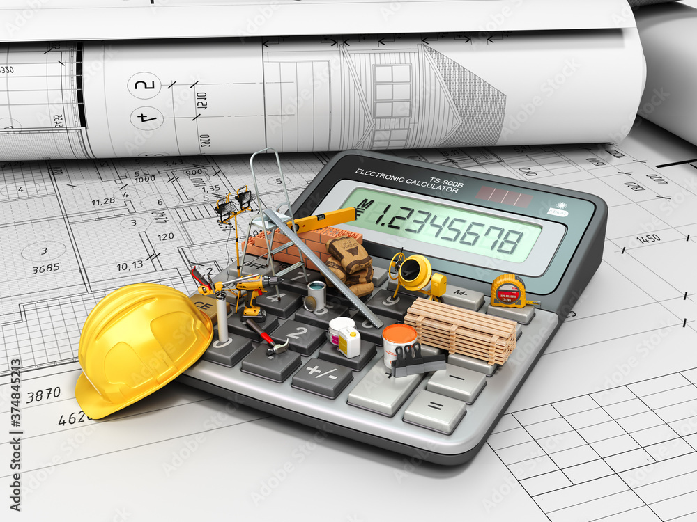 modern construction costing concept hard hat bricks and tape measure in ...