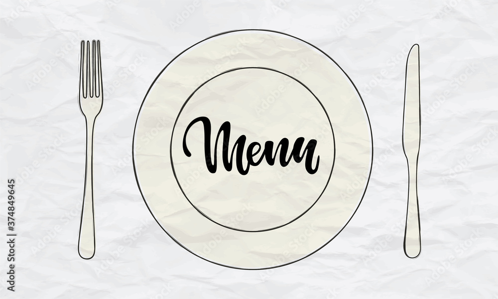 Cutlery knife, fork, plate vector doodle icons with lettering word menu ...