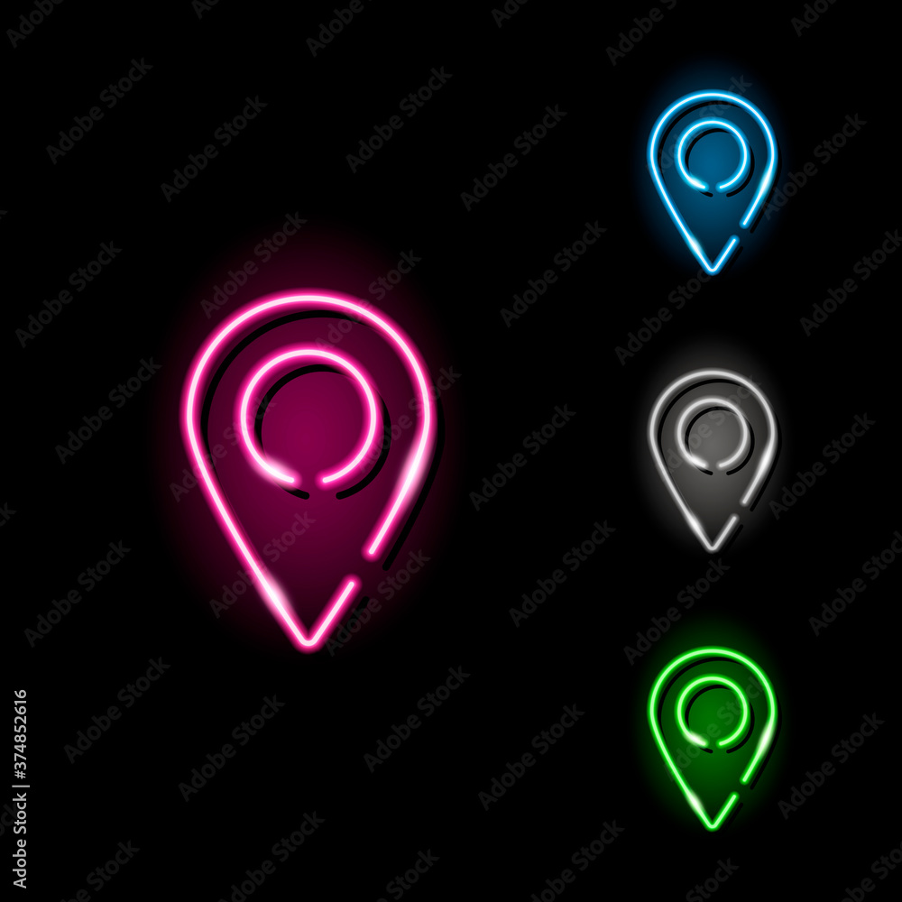 Set of neon geo location pin icon in four different colours isolated on ...
