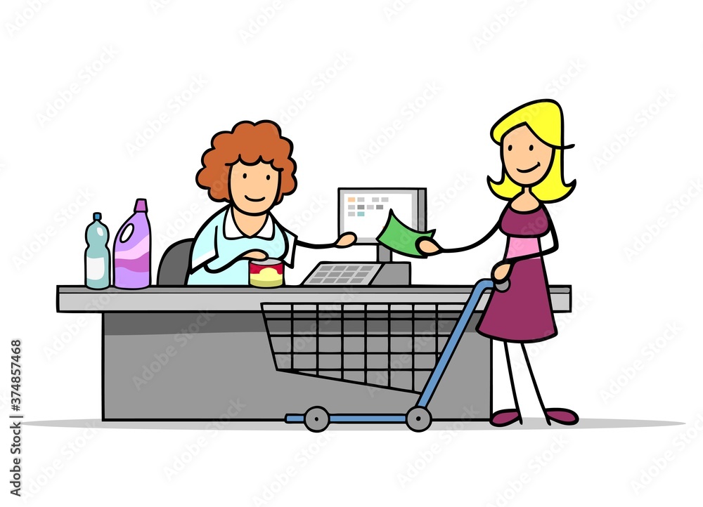 Kundin an Kasse von Supermarkt beim Bezahlen Stock Illustration | Adobe ...