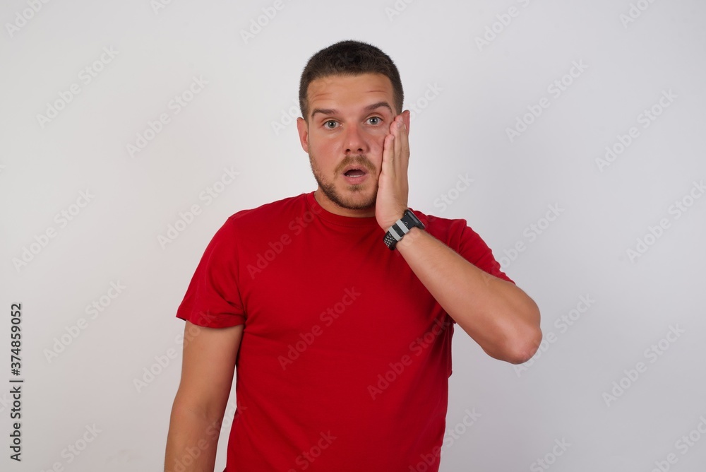 Horizontal portrait of shocked caucasian male models against yellow ...
