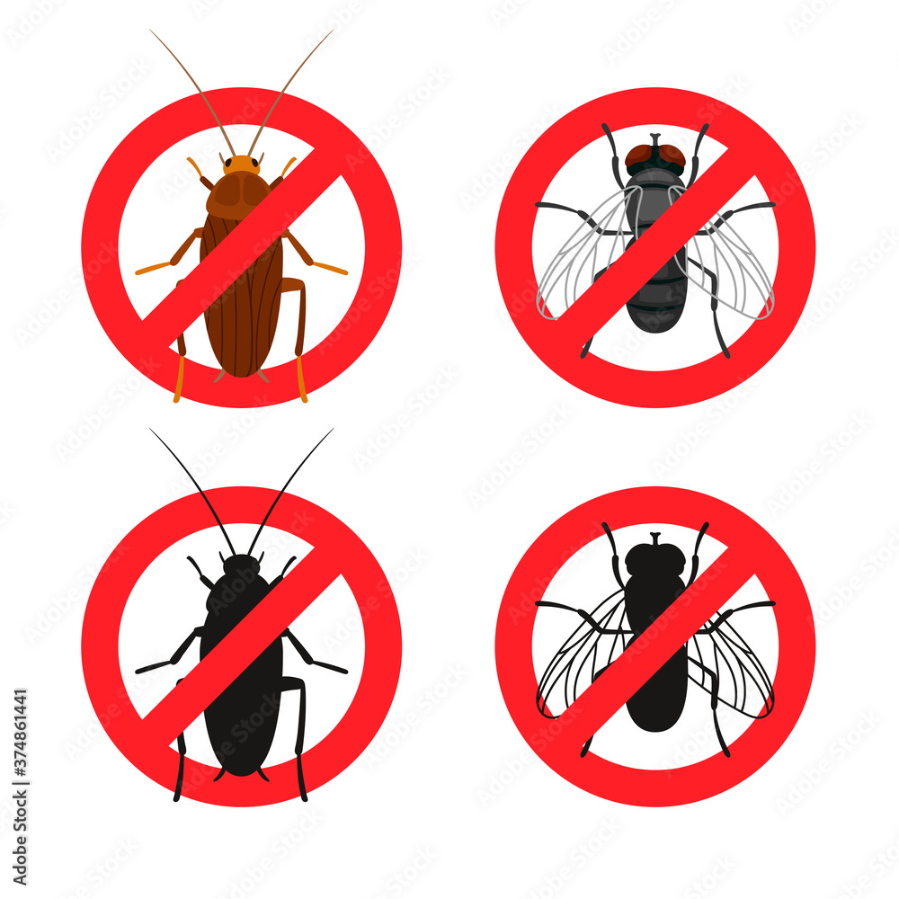 Insects warning signs. Red anti insects control symbols, stop pest ...