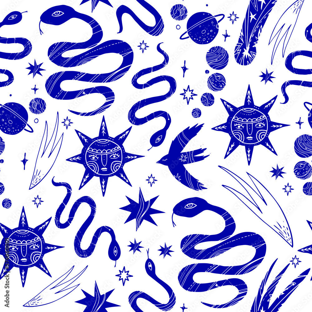 Mystical vector seamless pattern with hand-drawn magical and occult ...