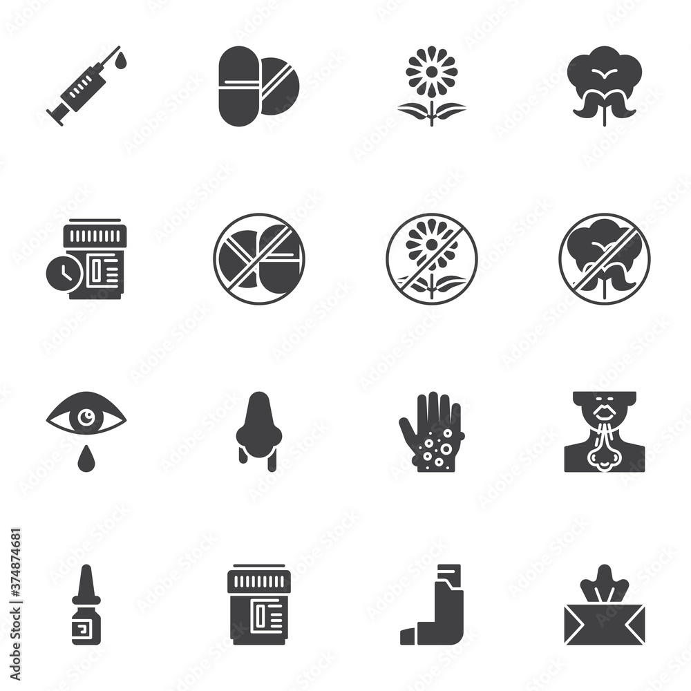 Allergy symptoms vector icons set, allergic reaction modern solid ...