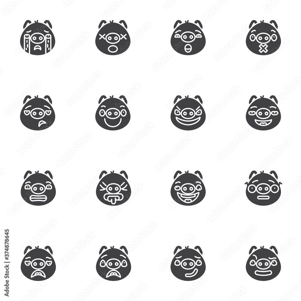 Pig smiley and emoji vector icons set, modern solid symbol collection ...