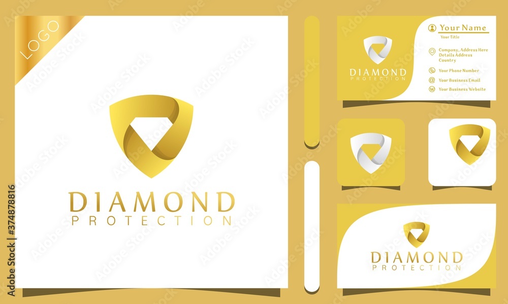 Gold diamond shield protection logos design vector illustration with ...