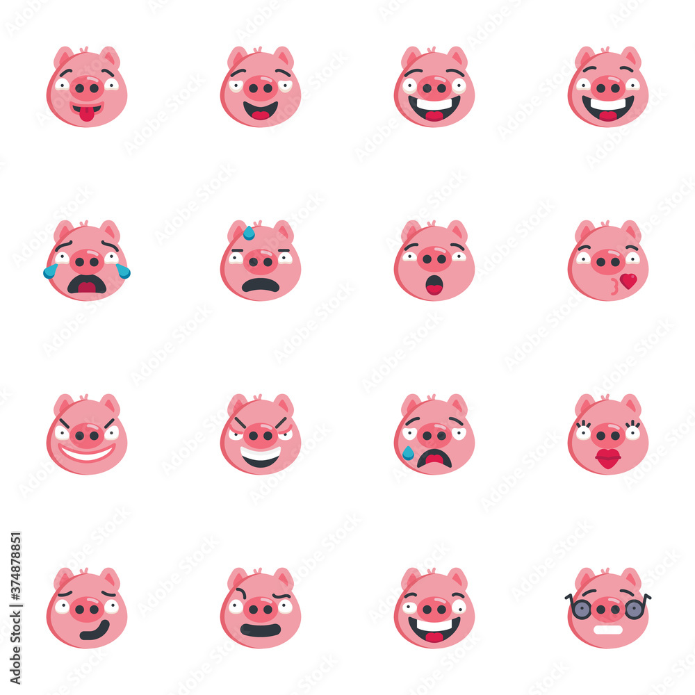 Piggy face emoticon collection, flat icons set, Colorful symbols pack ...