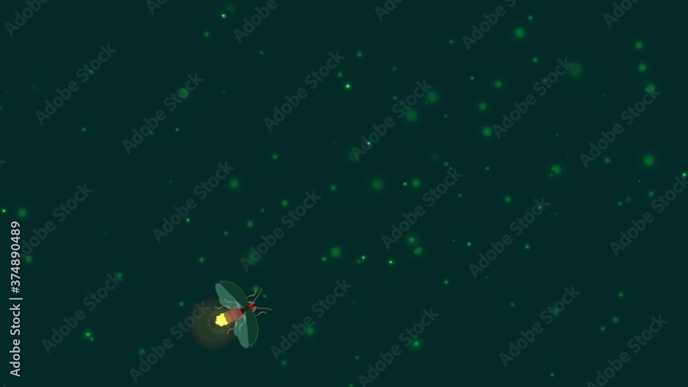 Firefly insects animation on green sparkling background with twinkling ...