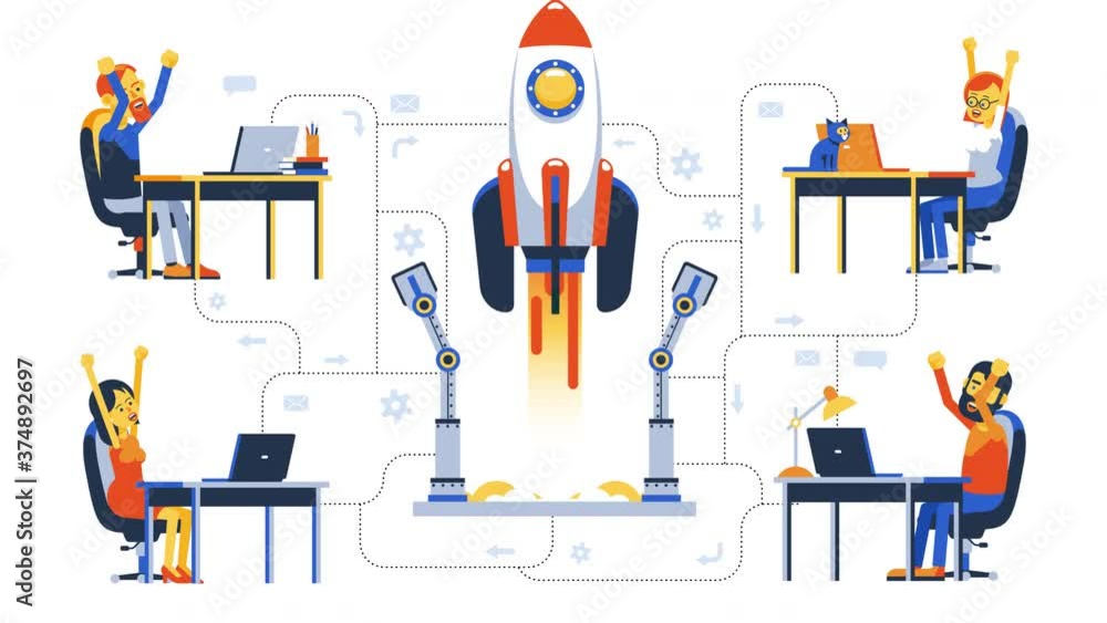 Startup teamwork with laptop launching rocket. Remote workers - online ...