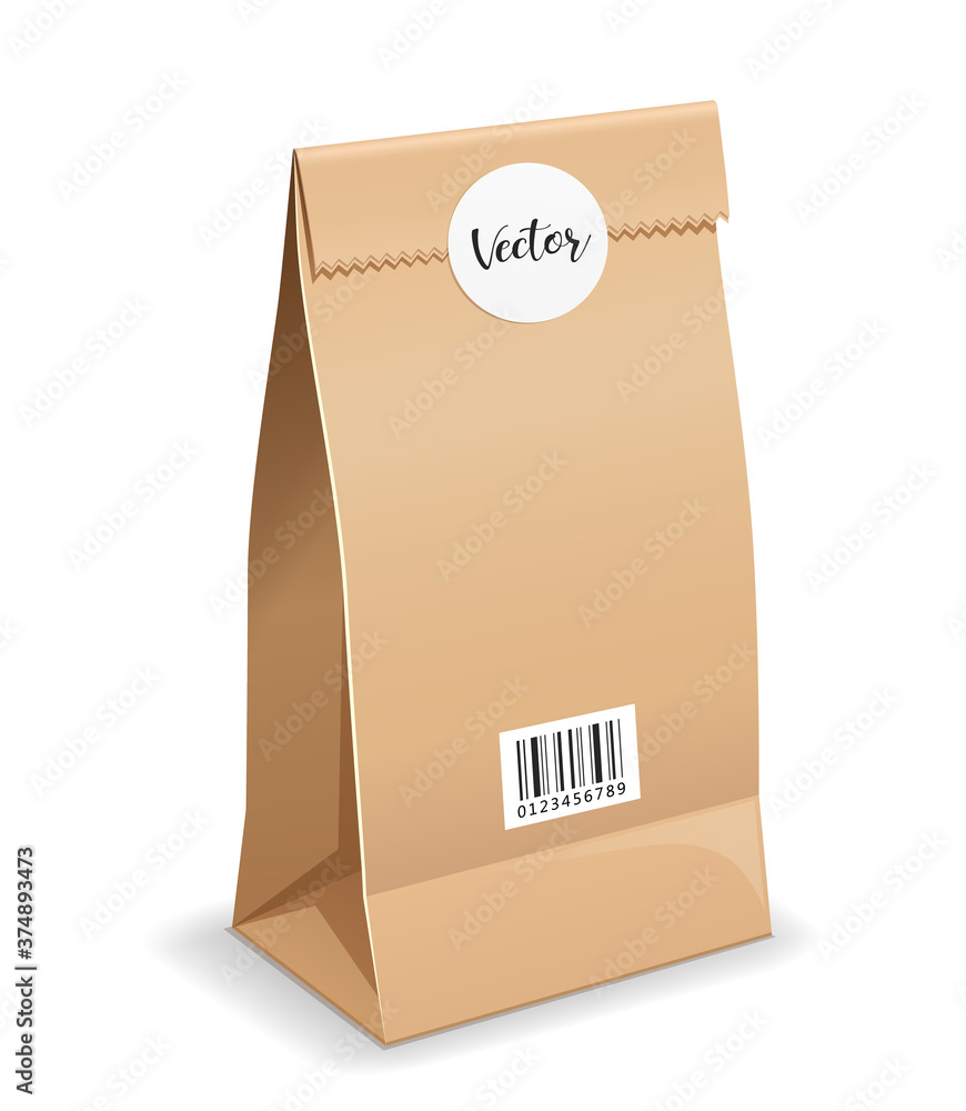 Brown paper bag folded, mouth bag there are circle stickers and ...
