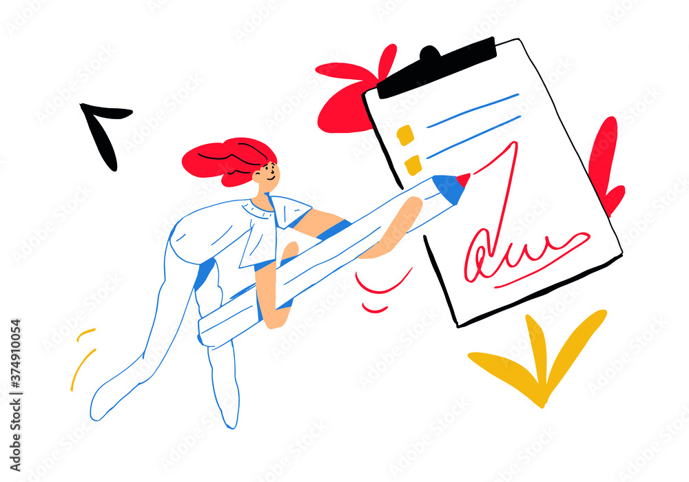 Woman Holding Giant Pencil and Sign. Submit concept. Primary color and ...