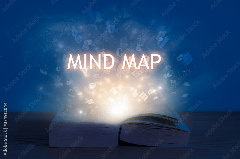 Mind map concept. Light coming from open book with words mind map ...