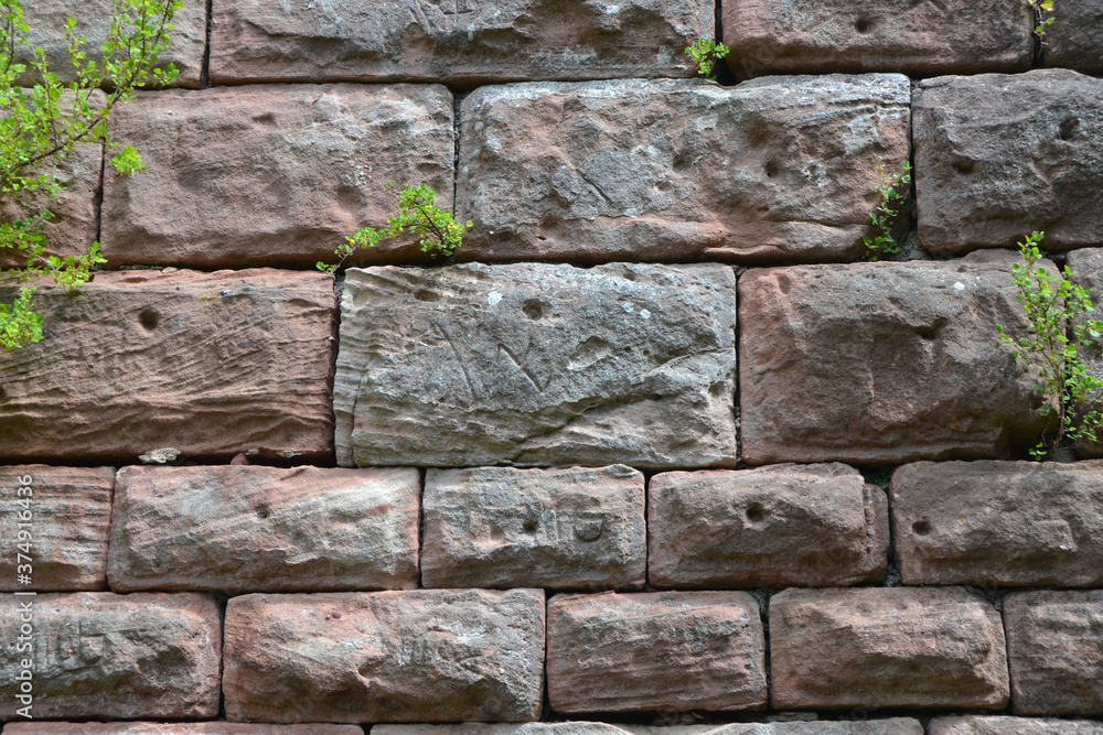 Grès rose, mur d'un château en ruine, château de Grand Hohnack dans les ...