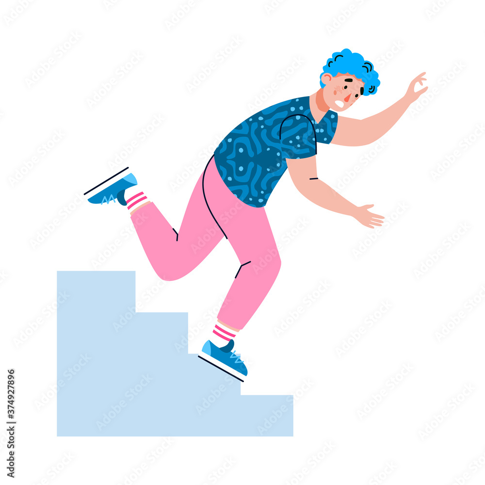Man cartoon character falling from stairs, flat vector illustration ...