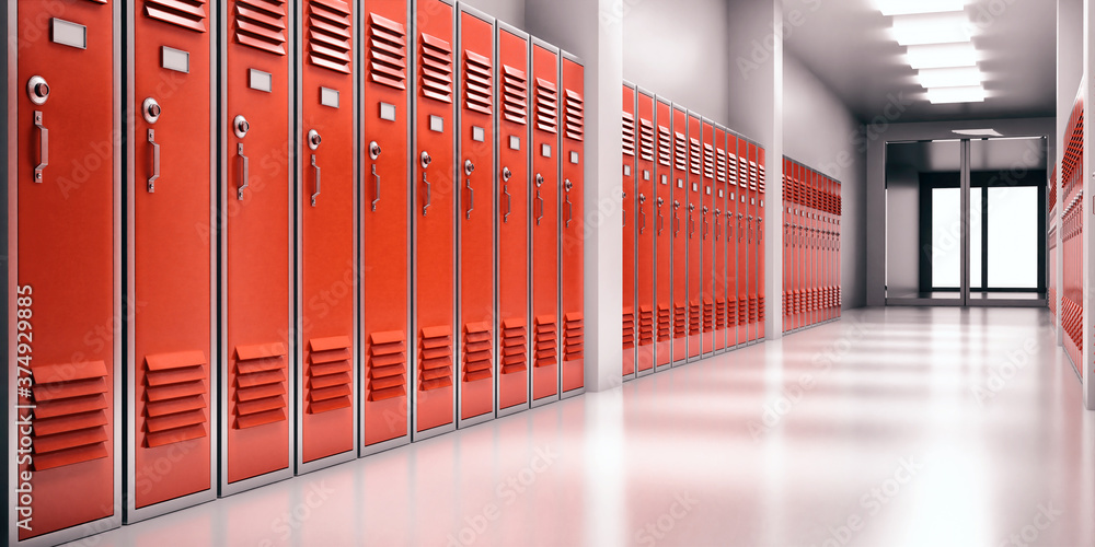 High school lobby with red color lockers, perspective view. Fitness Gym ...