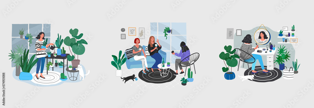 Set of beautiful girl in daily life scenes. Young woman shopping, makes ...