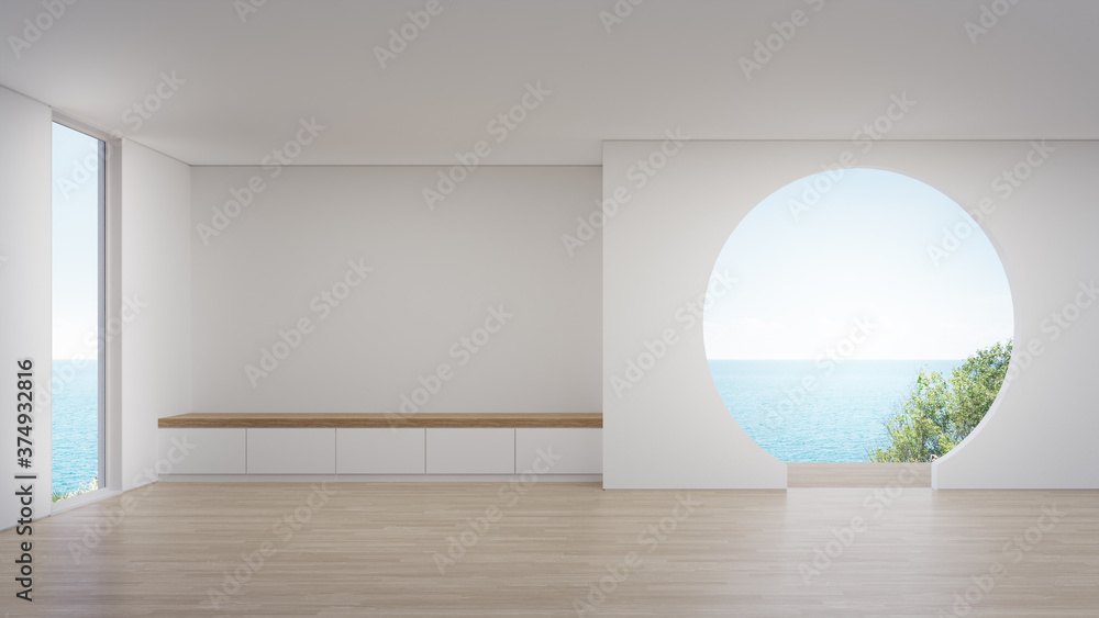 Cabinet on wooden floor of empty large living room in modern new house ...