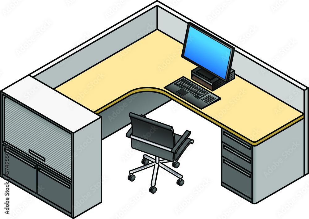 Office cubicle: with a drawer unit and storage cabinet. Low partitions ...