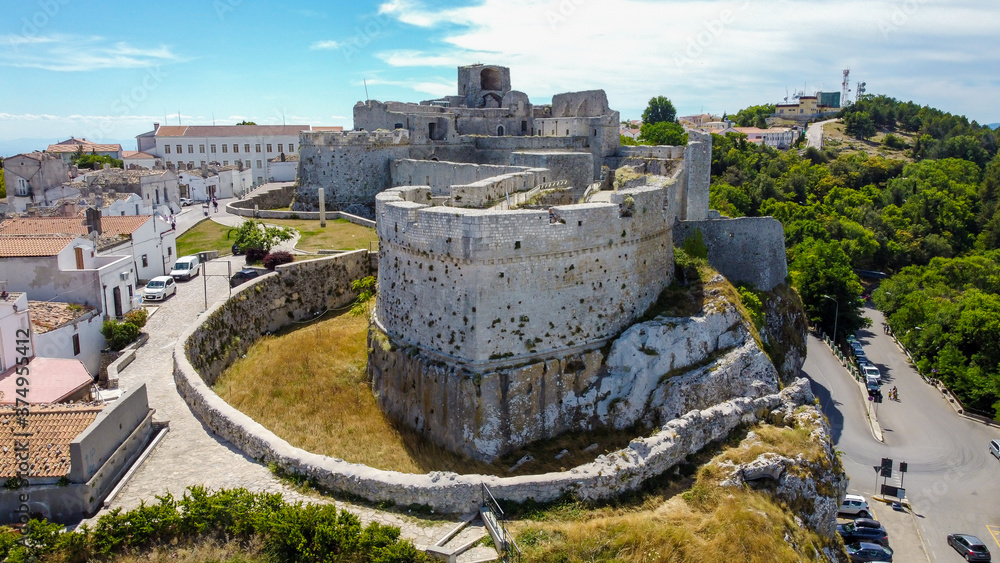 Aerial view of the castle of Monte Sant'Angelo on the Gargano peninsula ...