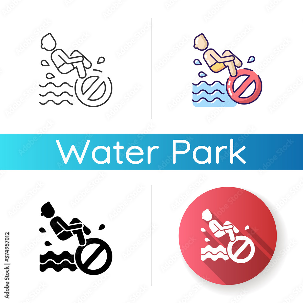 No bomb jumping icon. Linear black and RGB color styles. Waterpark ...
