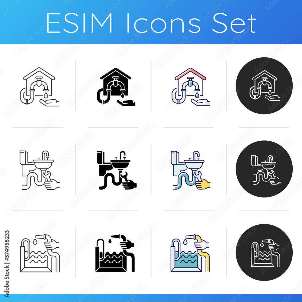 House repairs icons set. Water connection. Plumbing installation ...