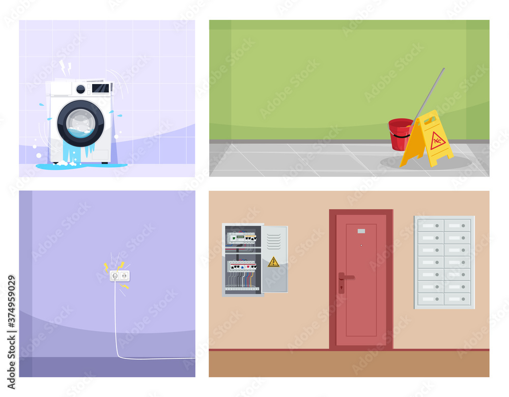 Typical household accidents semi flat vector illustration set. Faulty ...